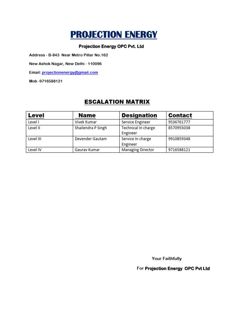 Escalation Matrix for Projection Energy | PDF