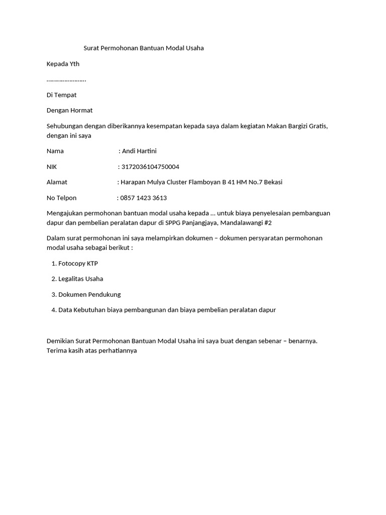 Surat Permohonan Bantuan Modal Usaha | PDF