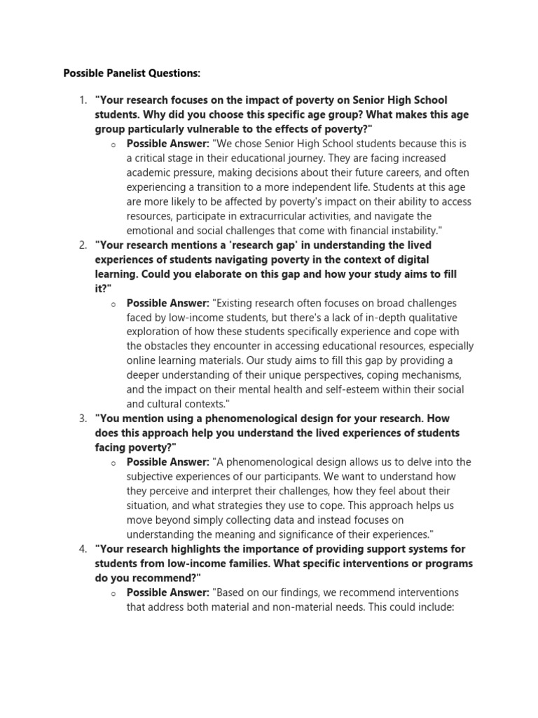 Possible Panelist Questions | PDF | Qualitative Research | Poverty