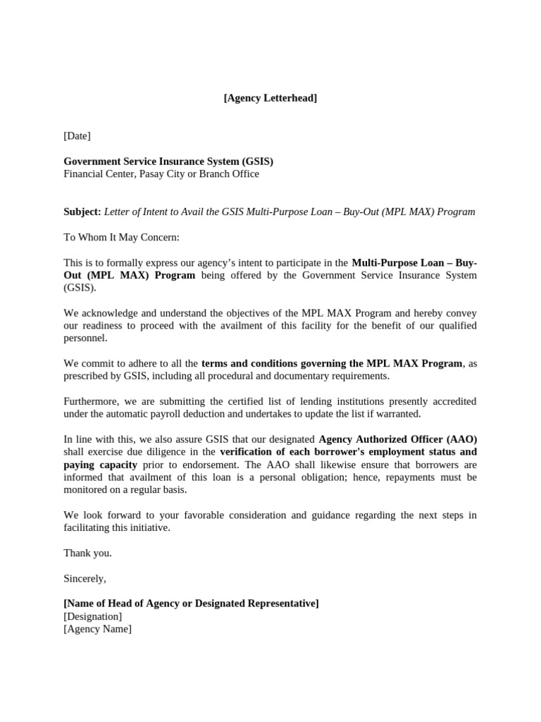 Pro-Forma Letter of Intent For MPL MAX | PDF