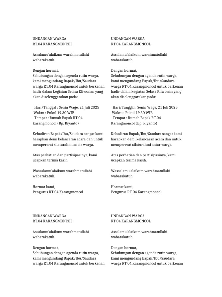 Undangan Selasa Kliwonan RT.04 Karangmoncol | PDF