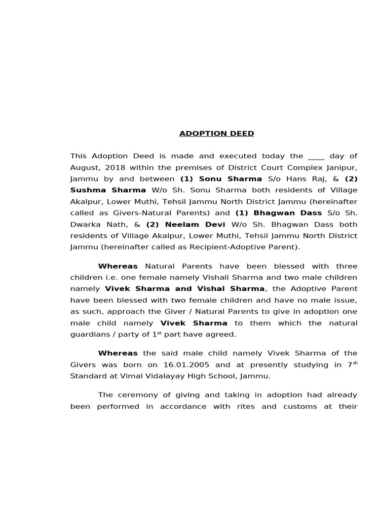 Legal Adoption Deed for Vivek Sharma | PDF | Youth | Interpersonal Relationships