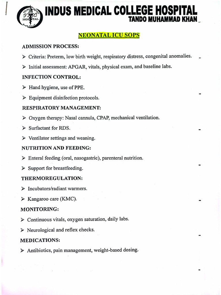Sops of Pediatric Nicu, Picu, Hdu | PDF
