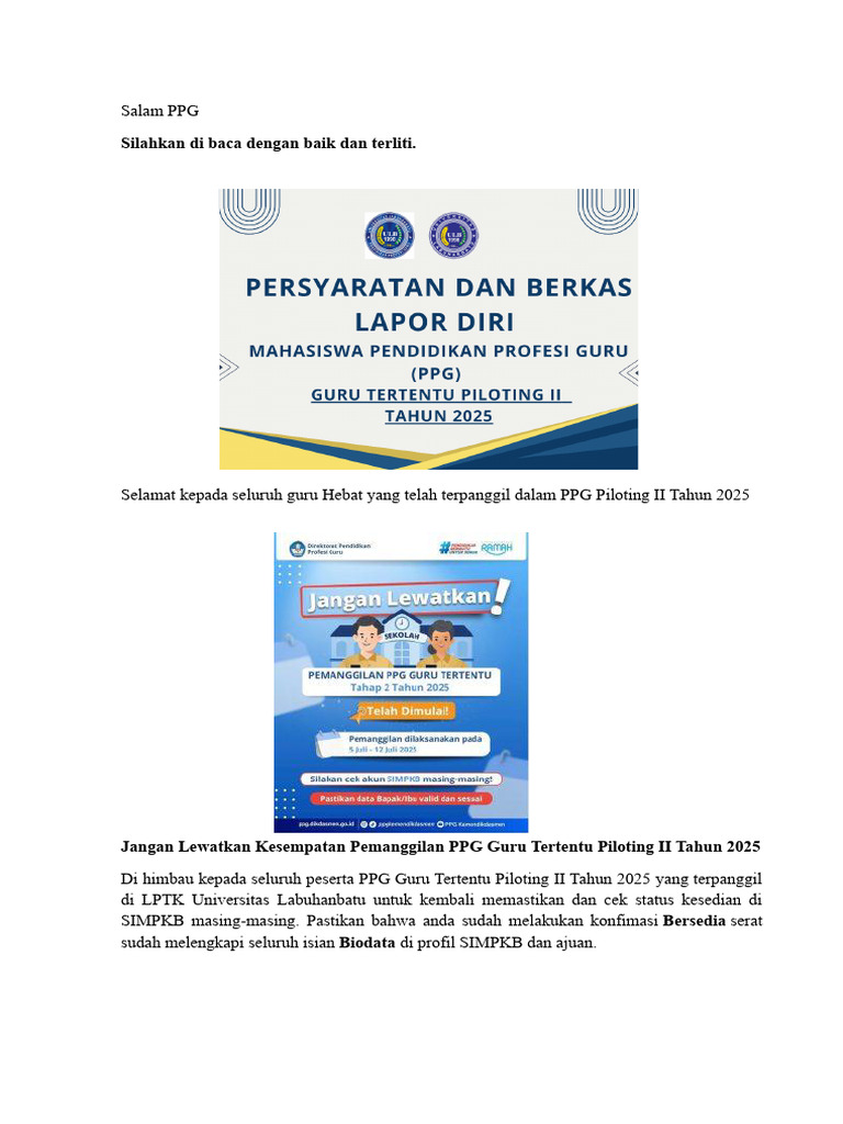 Persyaratan Dan Berkas Lapor Diri PPG Piloting II Tahun 2025 | PDF