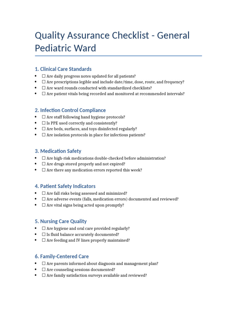 QA Checklist Pediatric Ward | PDF