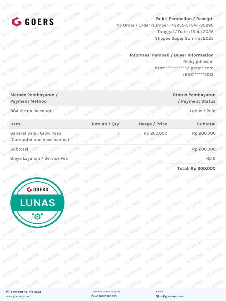 Receipt Shopee Super Summit 2025 - 15072025 - 43955-5F3AF-30290 | PDF
