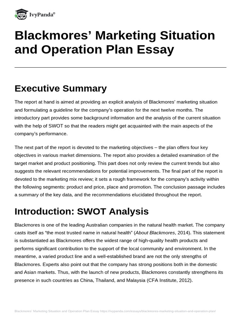 Blackmores Marketing Situation and Operation Plan | PDF | Marketing ...