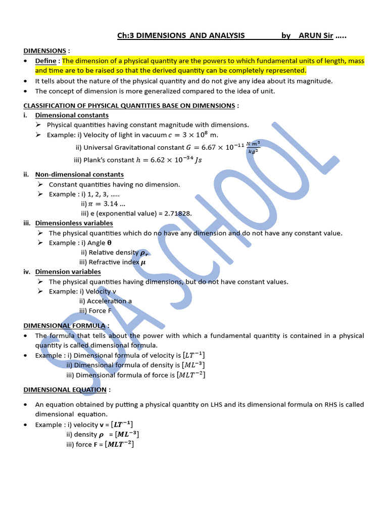 CH 3 Dimensions and Analysis by Arun Sir | PDF | Physical Quantities | Physics