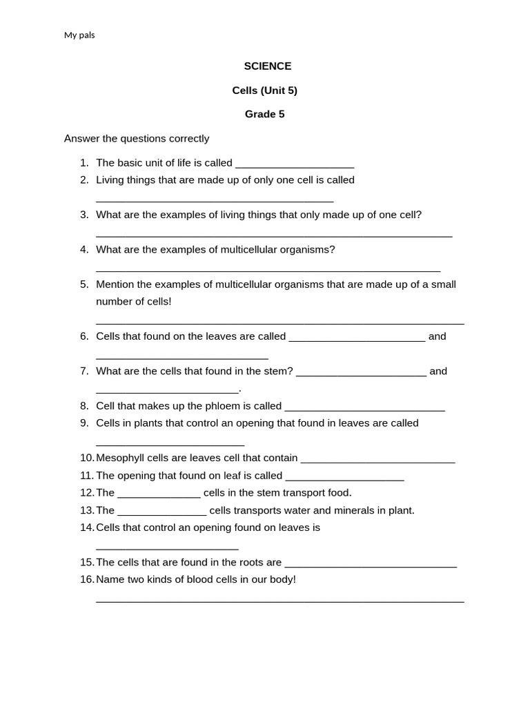 Grade 5 Cell Science Quiz Questions | PDF | Leaf | Cell (Biology)