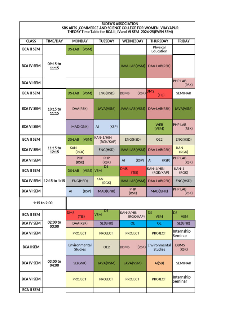 BCA 2024-25 Even Semester Time Table | PDF