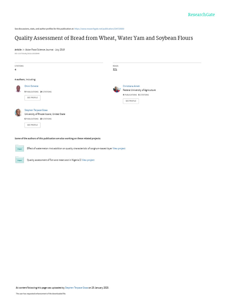 Quality Assessment of Bread From Wheat, Water Yam and Soybean Flours | PDF | Breads | Flour