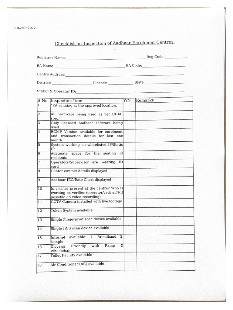 Aadhar Inspection Format | PDF