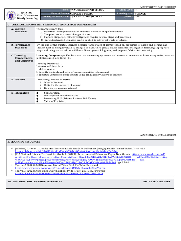 DLL Matatag - Science 5 q1 w4 | PDF | Litre | Volume