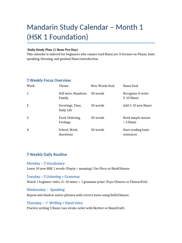Month 1 Mandarin Study Plan | PDF | Standard Chinese | Chinese Characters