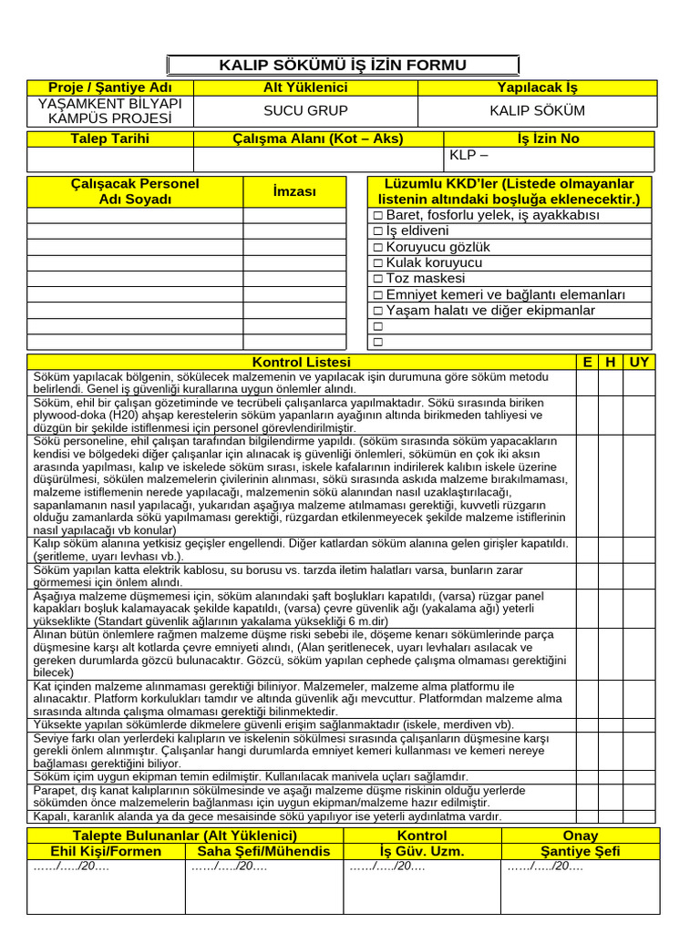 Kalip Söküm İş İzi̇n Formu | PDF