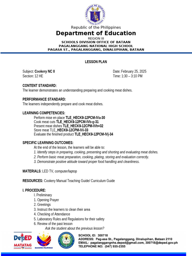Cookery NC II Lesson Plan: Meat Dishes | PDF | Reading Comprehension ...