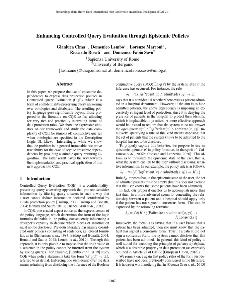 IJCAI - Enhancing Controlled Query Evaluation Through Epistemic Policies | PDF | Interpretation ...