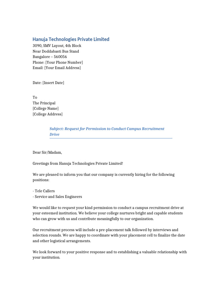 Campus Recruitment Request Letter | PDF