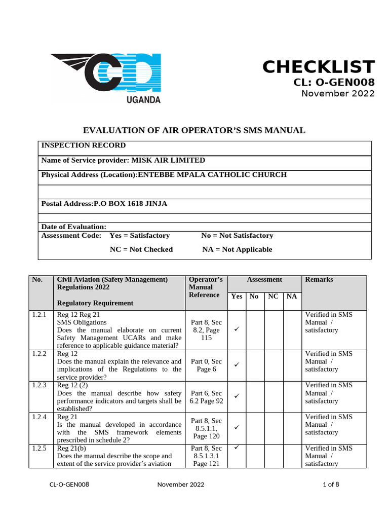 CL O-GEN008 SMS Manual Evaluation Checklist Misk Air Limited | PDF ...