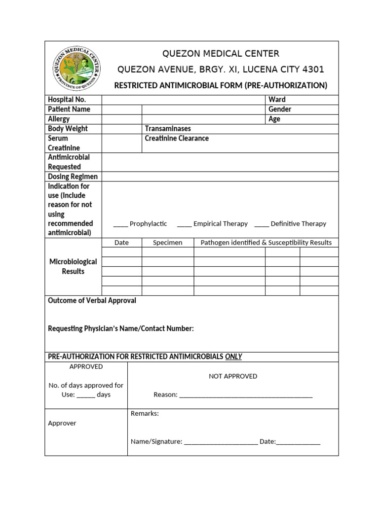 Policy and Procedure AMS Restricted Antimicrobial Pre Authorization Form | PDF