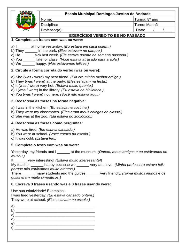 Atividade Verbo TO BE No Passado | PDF