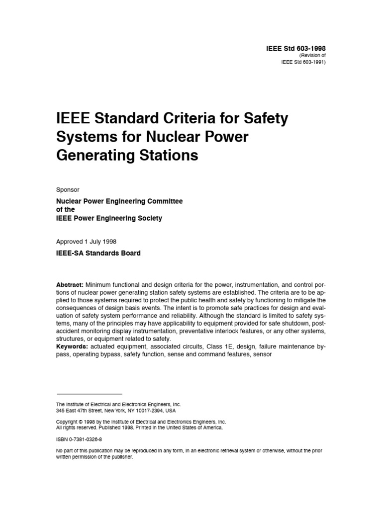 IEEE Std. 603-1998 Standard Criteria For Safety Systems For Nuclear ...