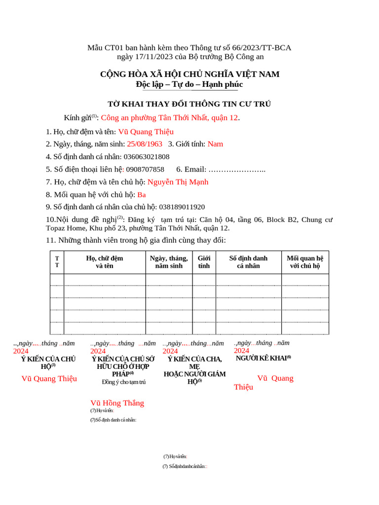 Mẫu CT01- TT- 66-Mới 2024- Tạm Trú | PDF