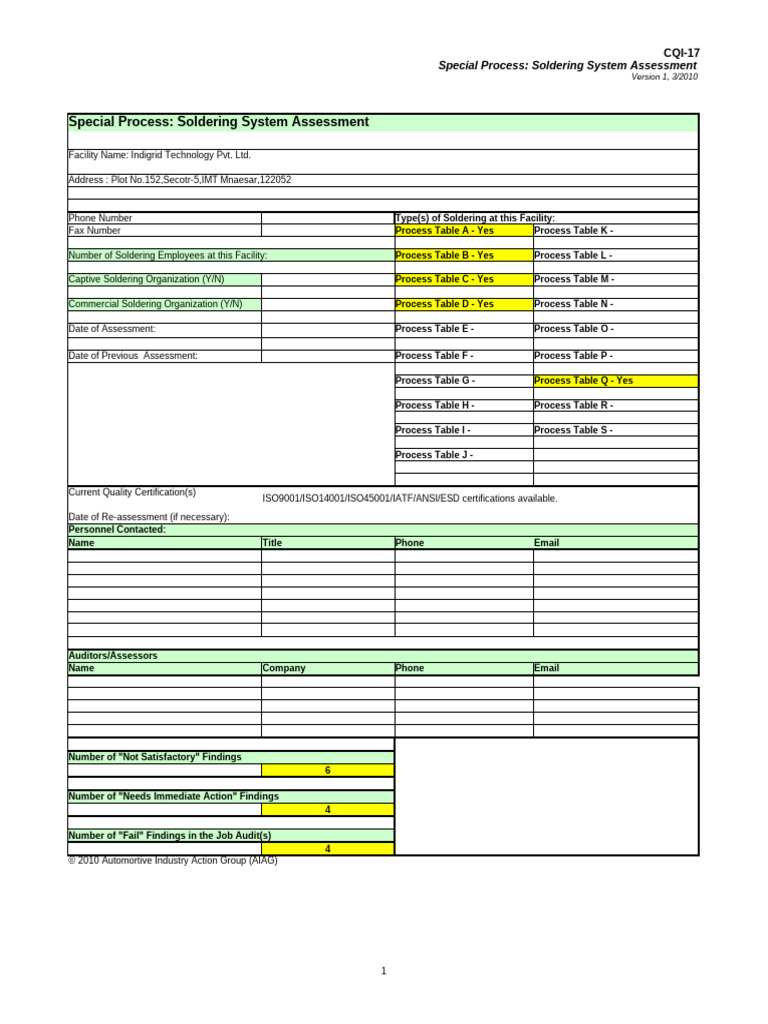 CQI-17 - Special Process Soldering System Assessment | PDF