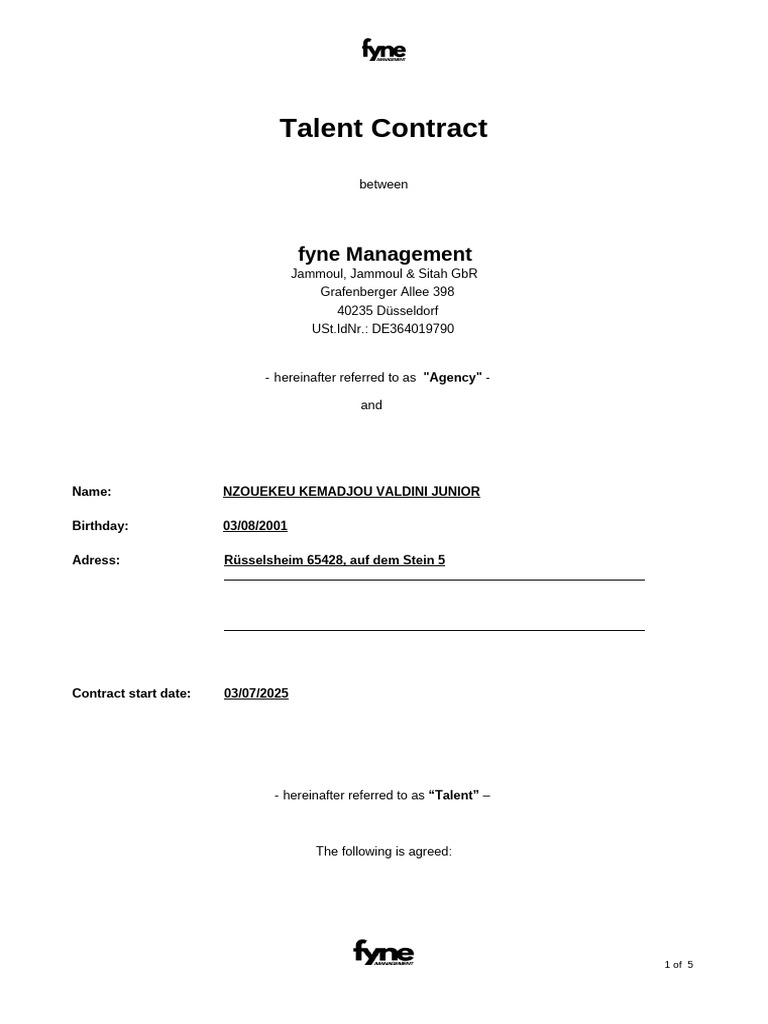 Talent Contract with fyne Management | PDF | Indemnity | Civil Law ...