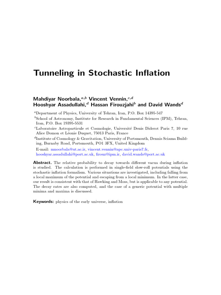 Tunneling in Stochastic Inflation | PDF | Quantum Tunnelling | Mathematical Analysis