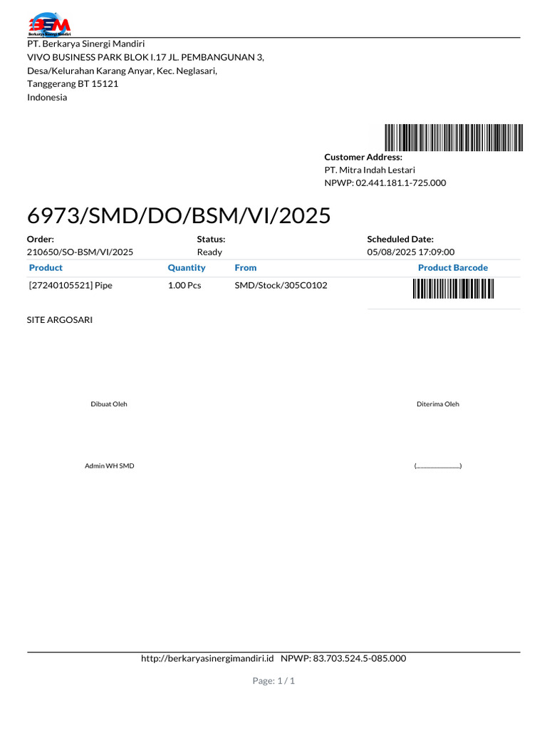 Picking Operations - PT. Mitra Indah Lestari - 6973 - SMD - DO - BSM - VI - 2025 | PDF
