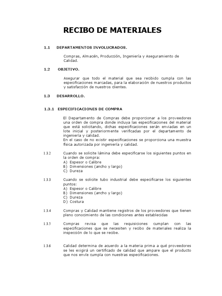 Procedimiento Recibo de Materiales