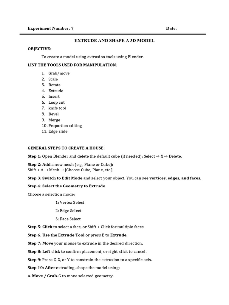 Ex - No - 7 - Extrude and Shape A 3d Model | PDF | Blender (Software) | Extrusion