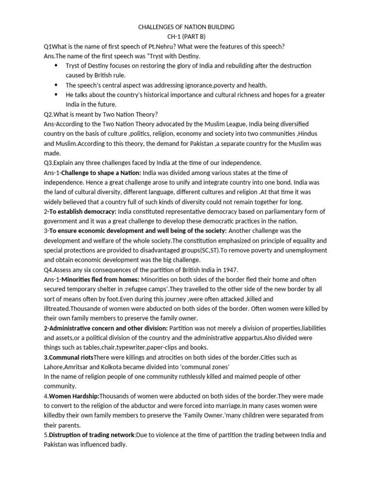 Challenges of Nation Building | PDF | Partition Of India | Two Nation ...