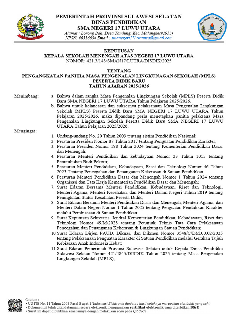 Pengangkatan Panitia MPLS SMA 17 Lutra | PDF