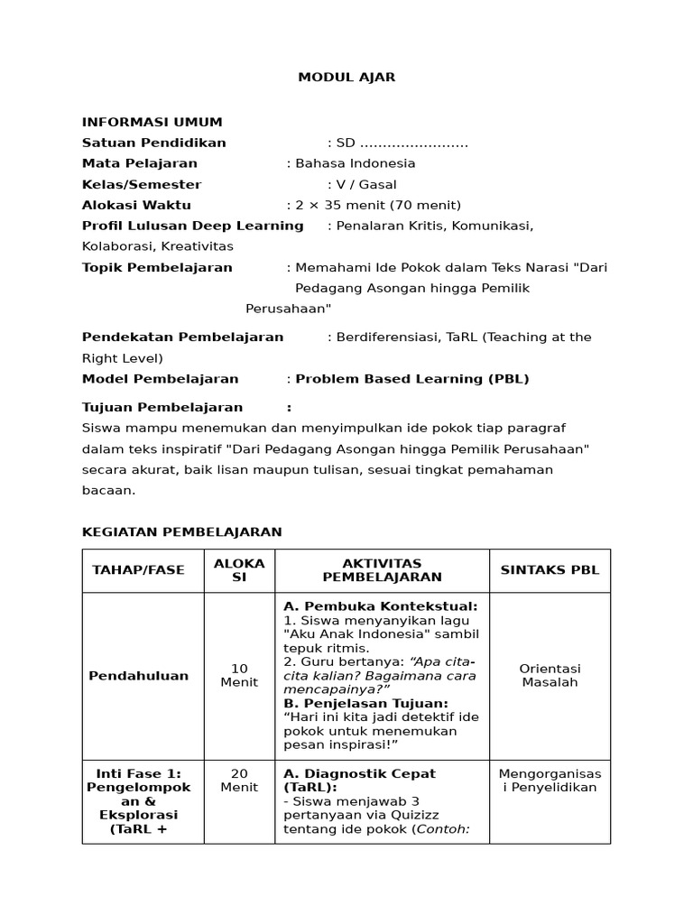Contoh Modul Ajar Bindo Kelas v Sd | PDF