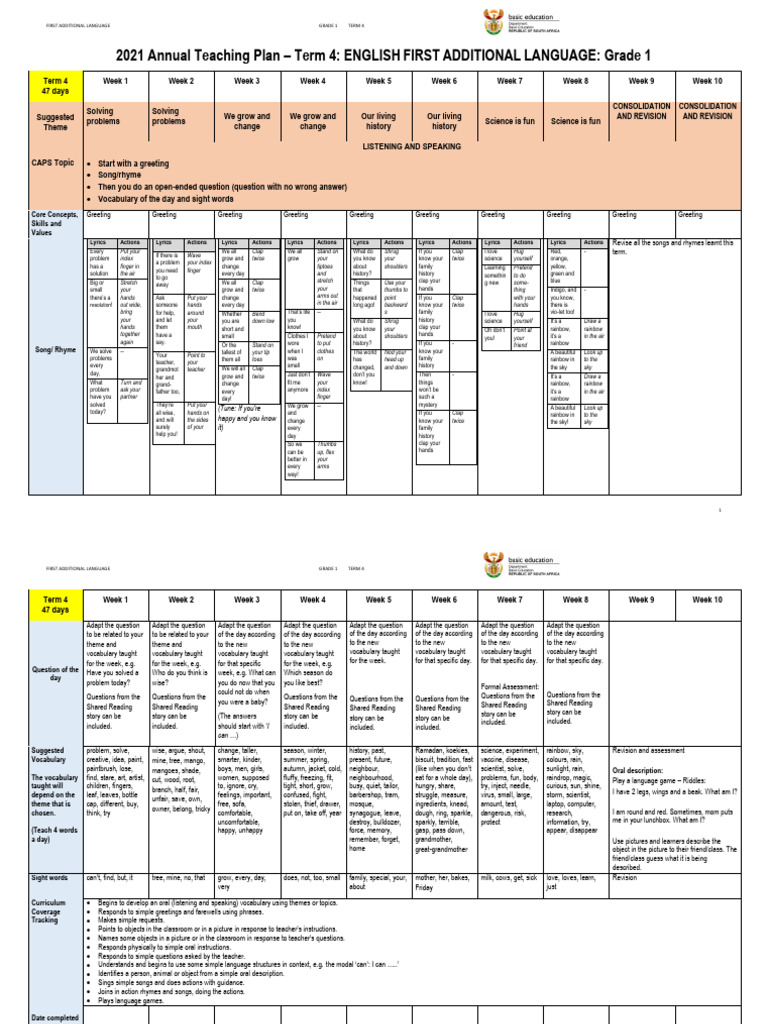 Grade 1 EFAL Term 4 Teaching Plan | PDF | Phonics | Cognitive Science