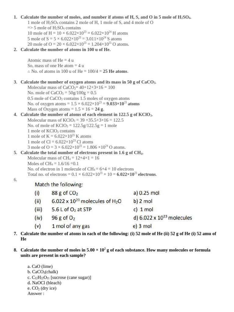 Mole Concept Sheet With Answers | PDF | Mole (Unit) | Chemical Compounds