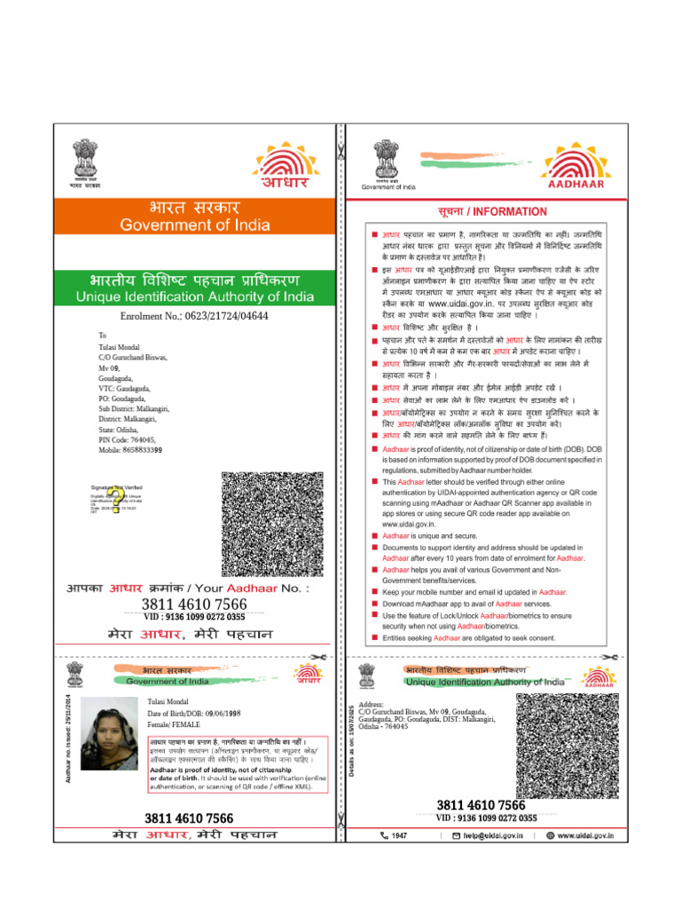 Aadhaar Details for Tulasi Mondal | PDF