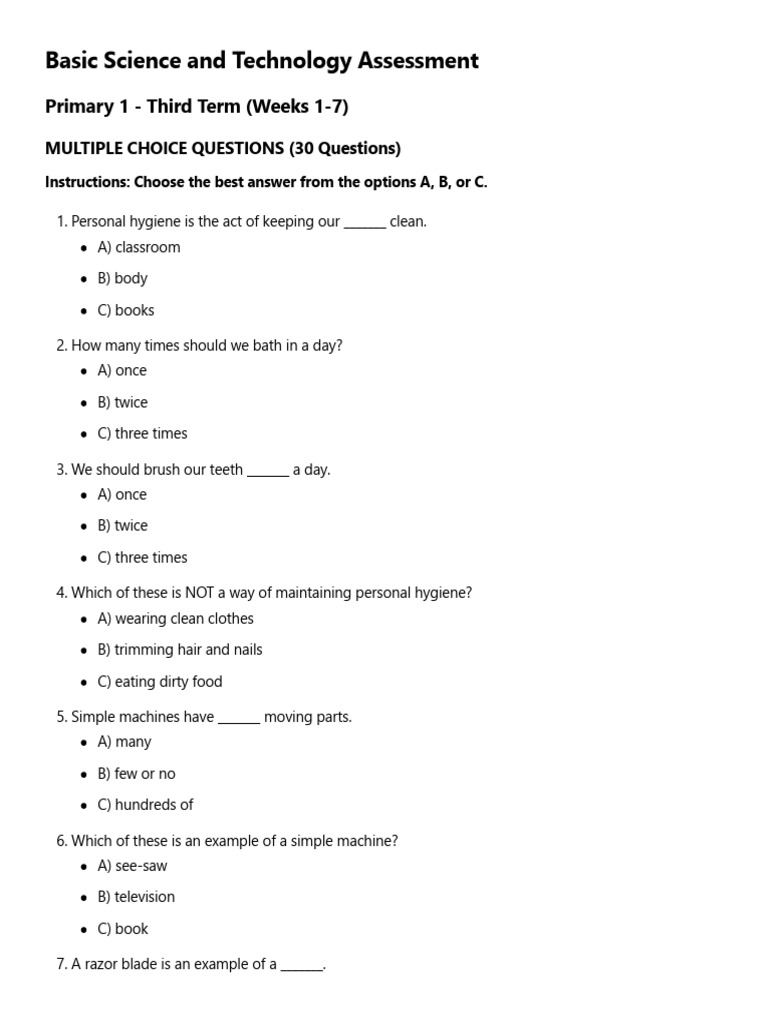 Basic Science and Technology Assessment - Primary 1 (Weeks 1-7) | PDF ...