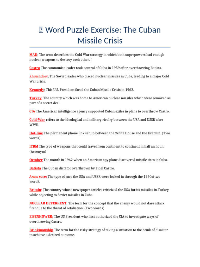 Cuban Missile Crisis Word Puzzle | PDF | Cuban Missile Crisis | Cold War