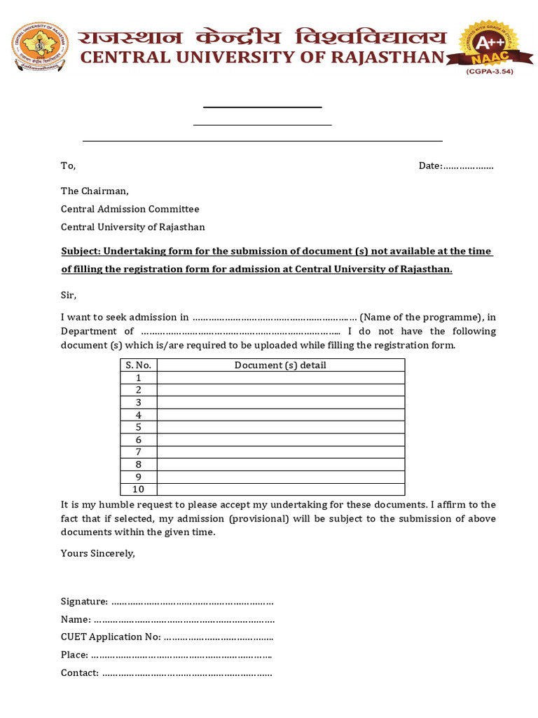 Undertaking Form - Admission 2025-26 PG | PDF