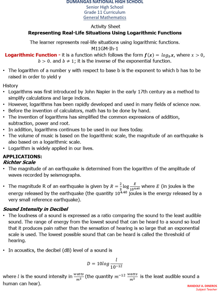 Using Real-Life Situation To Represent Logaritmic Functions | PDF ...