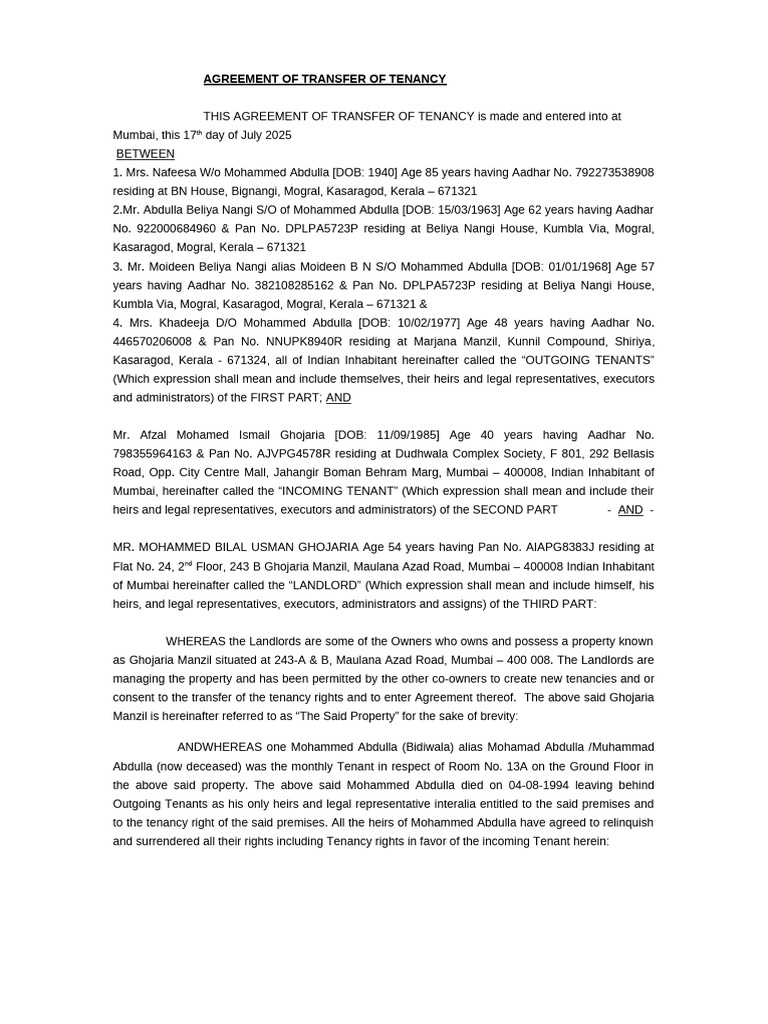 Transfer of Tenancy Agreement for Room 13A | PDF | Leasehold Estate | Lease