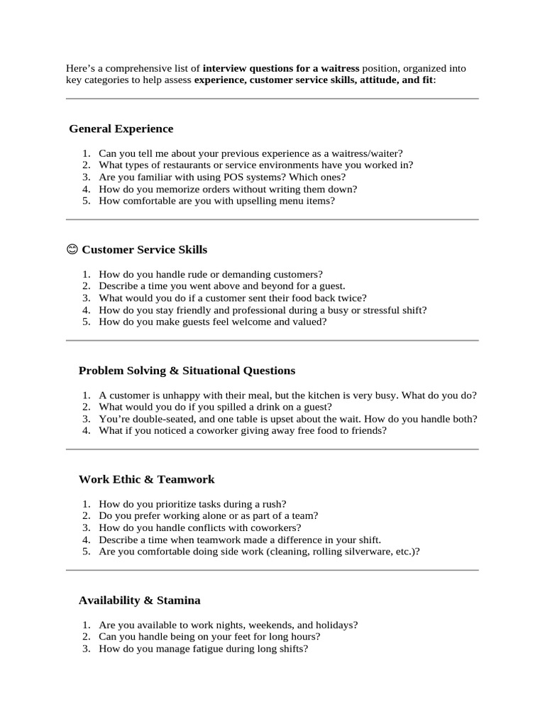 Waitress Interview Questions | PDF