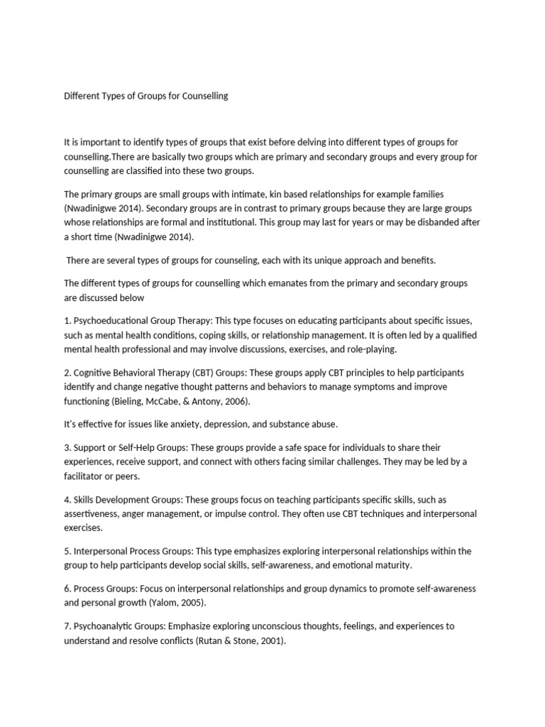Types of Counseling Groups Explained | PDF | Psychotherapy | Cognitive ...