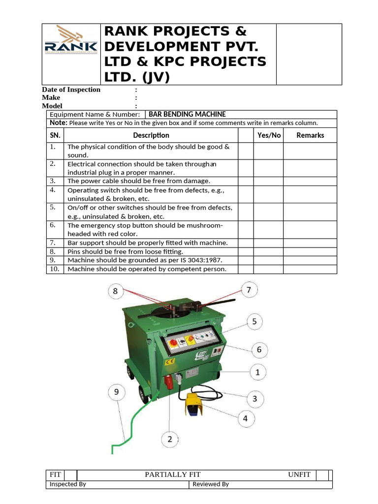 Bar Bending Machine Checklist-1 | PDF