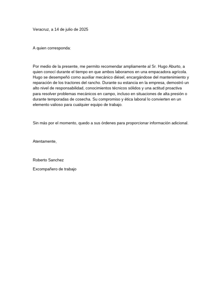 Recomendación para Hugo Aburto, Mecánico Diésel | PDF