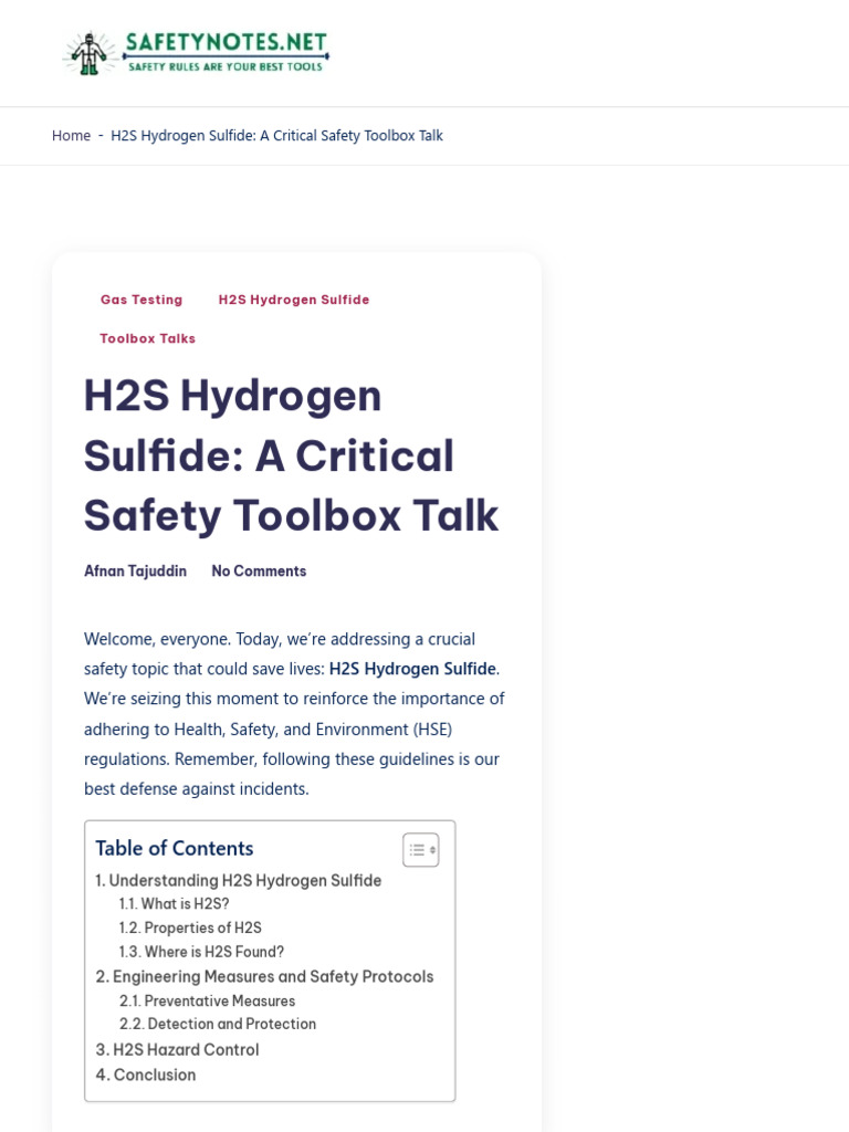 H2S Hydrogen Sulfide - A Critical Safety Toolbox Talk - Safety Notes ...