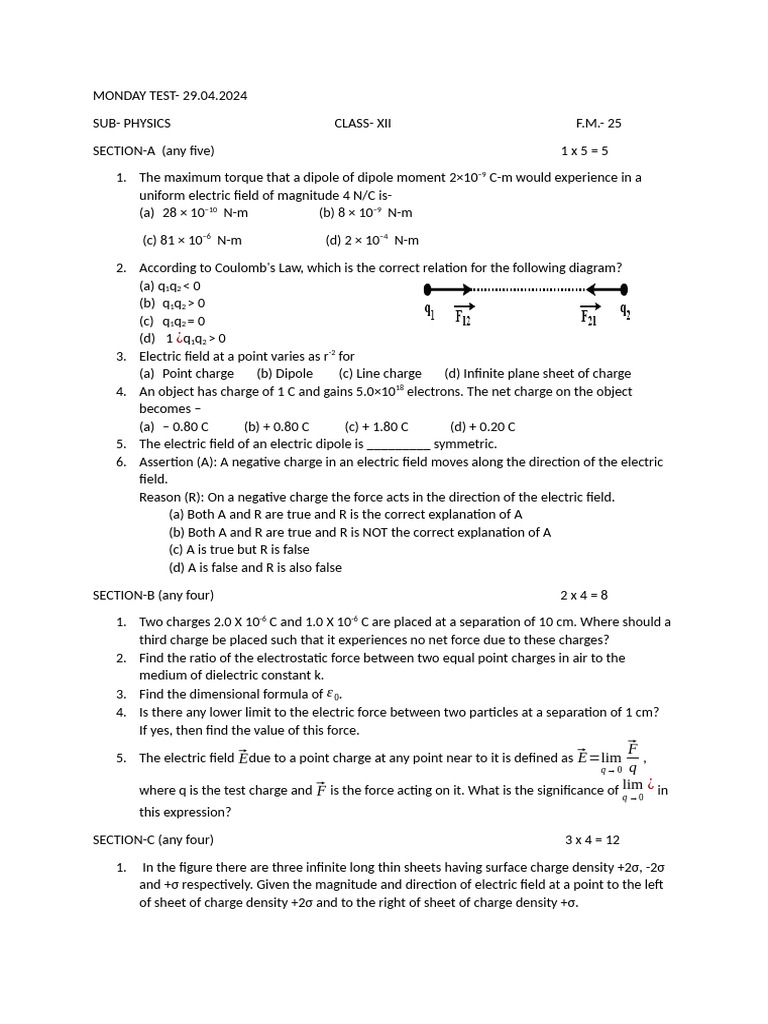 Monday Test 12 Electrostat | PDF | Electric Field | Force